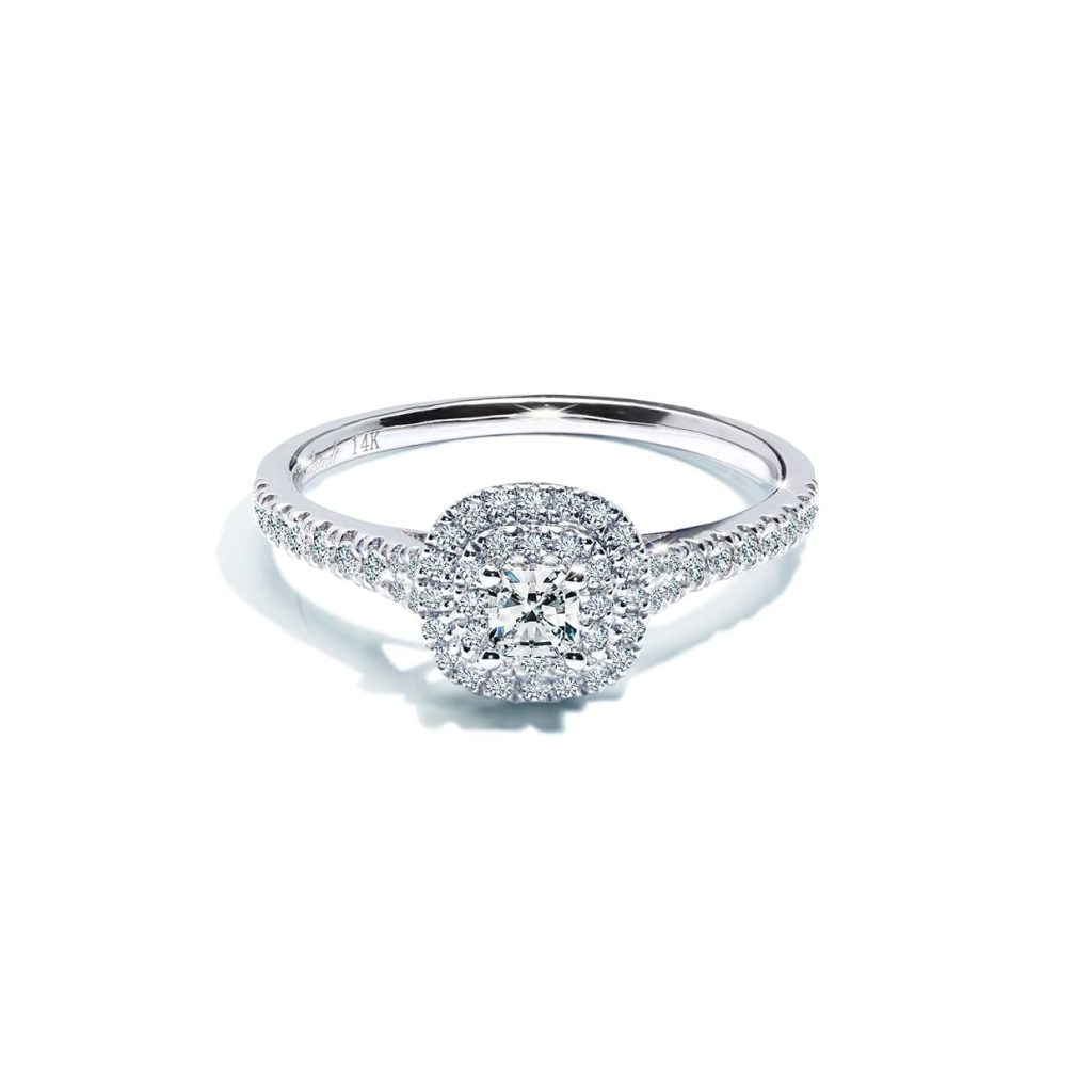 Engagement Ring with White Princess-cut Sapphire and Diamonds in White Gold
